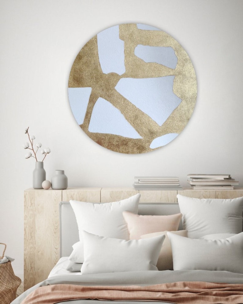 Round Gold Leaf Canvas Art Geometric Abstract Painting White and Gold ...