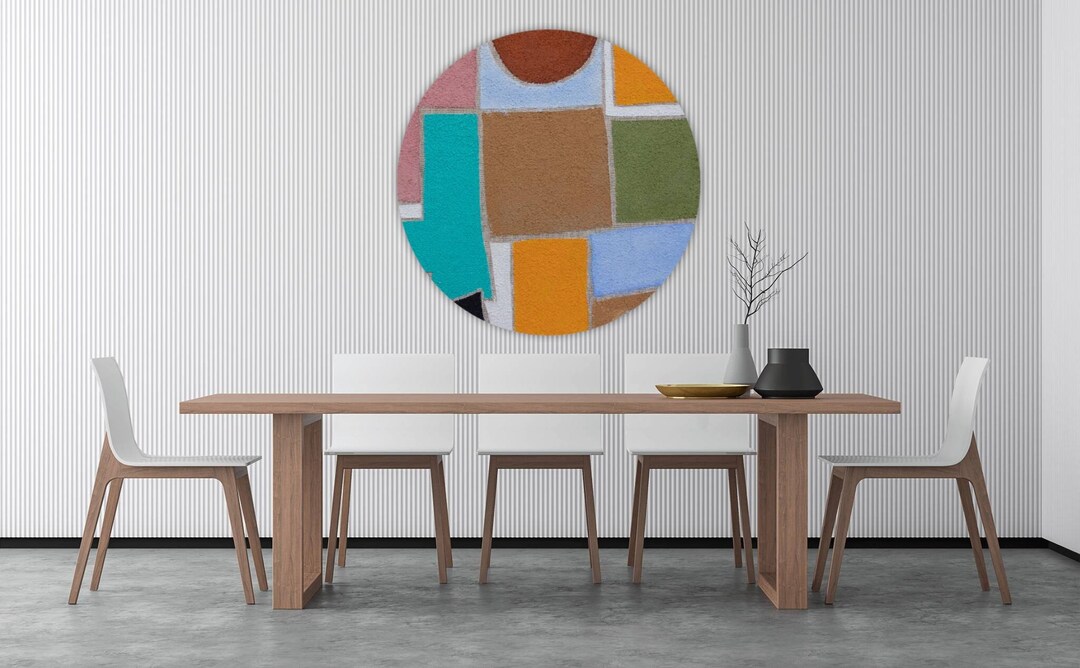 Original MCM Geometric Shapes Painting Circular Wall Art on Round ...