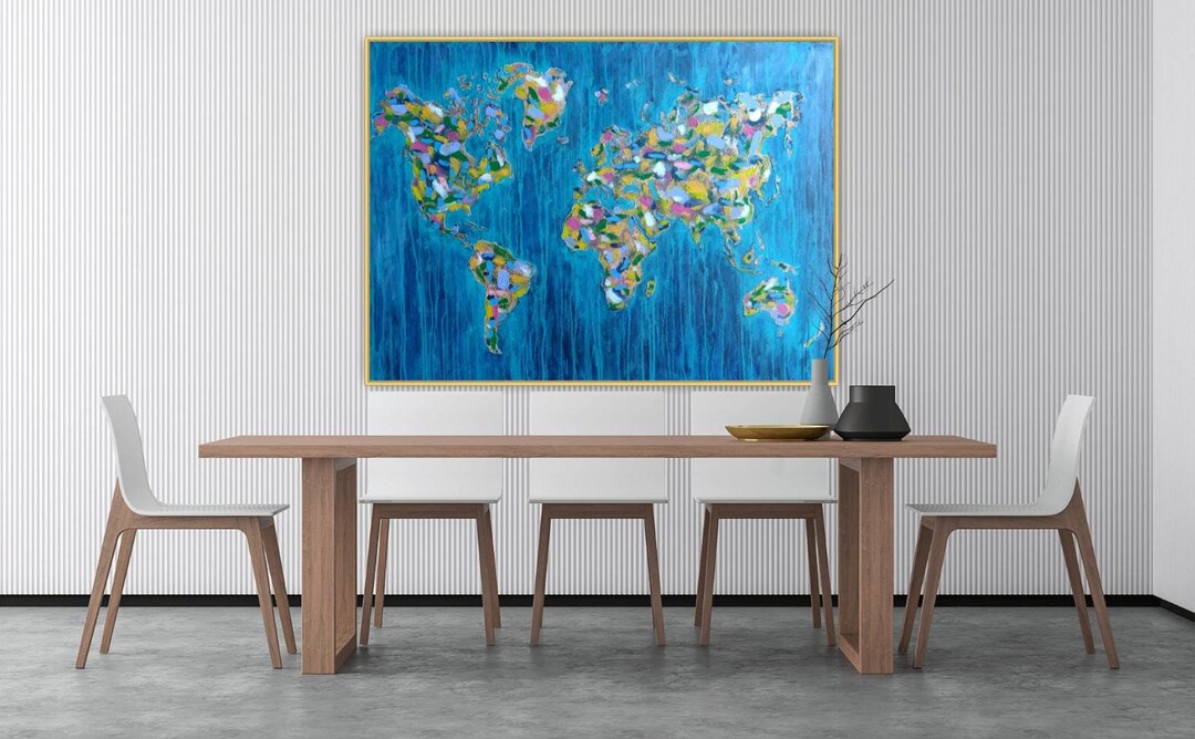 Large Map Painting World Map Painting Wall Art Navy Blue Texture ...