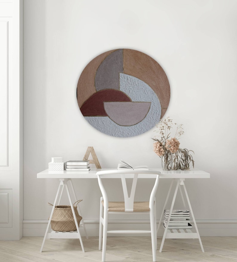 Handmade Geometric Painting Textured Wall Art Beige Round Japandi Decor ...