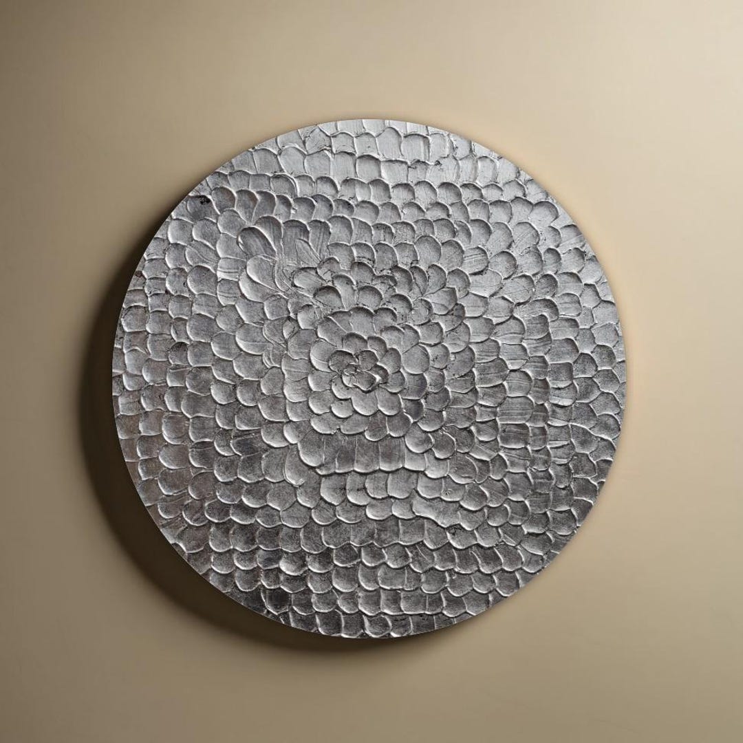 Silver Round Wall Art Modern Silver Metal Wall Decor Circular Textured ...