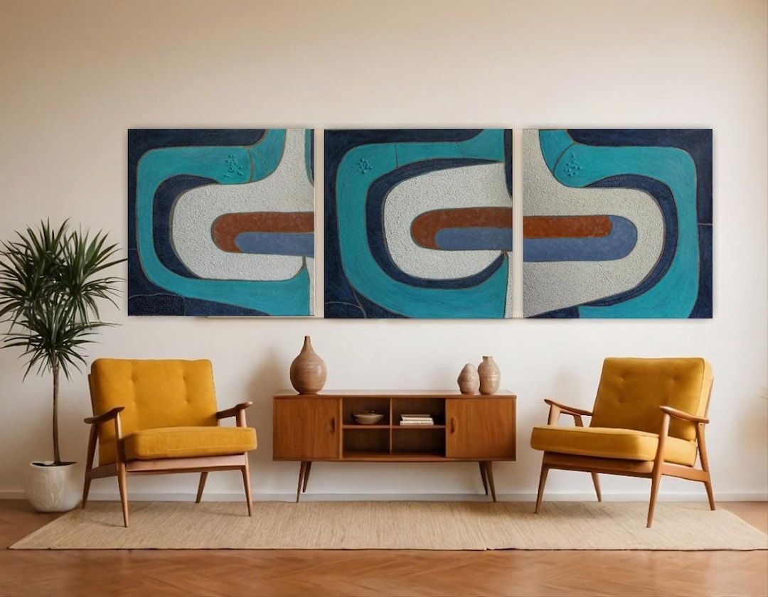 Set of 3 Mid Century Modern Paintings White and Blue 3D Textured Wall ...