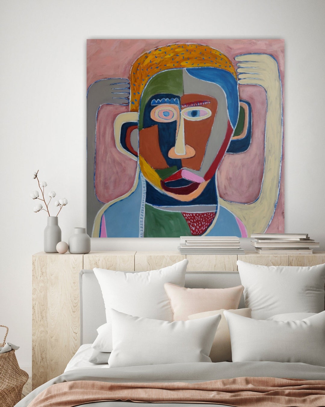 Large Abstract Face Painting Face Wall Art Modern Wall Art Pink Wall ...