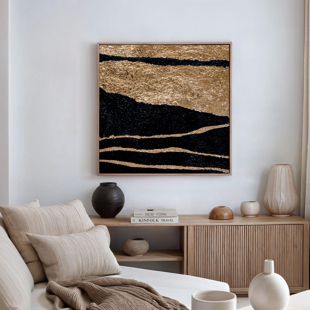 Large Gold Leaf Abstract Painting, Black and Gold Textured Canvas Wall ...