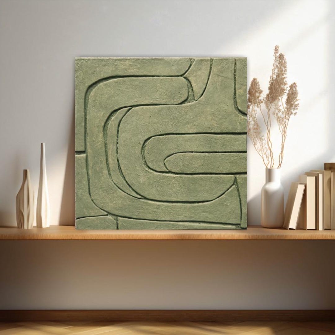 Large Green 3D Textured Wall Art – Organic Plaster Wall Sculpture Handmade Minimalist Wabi Sabi ...