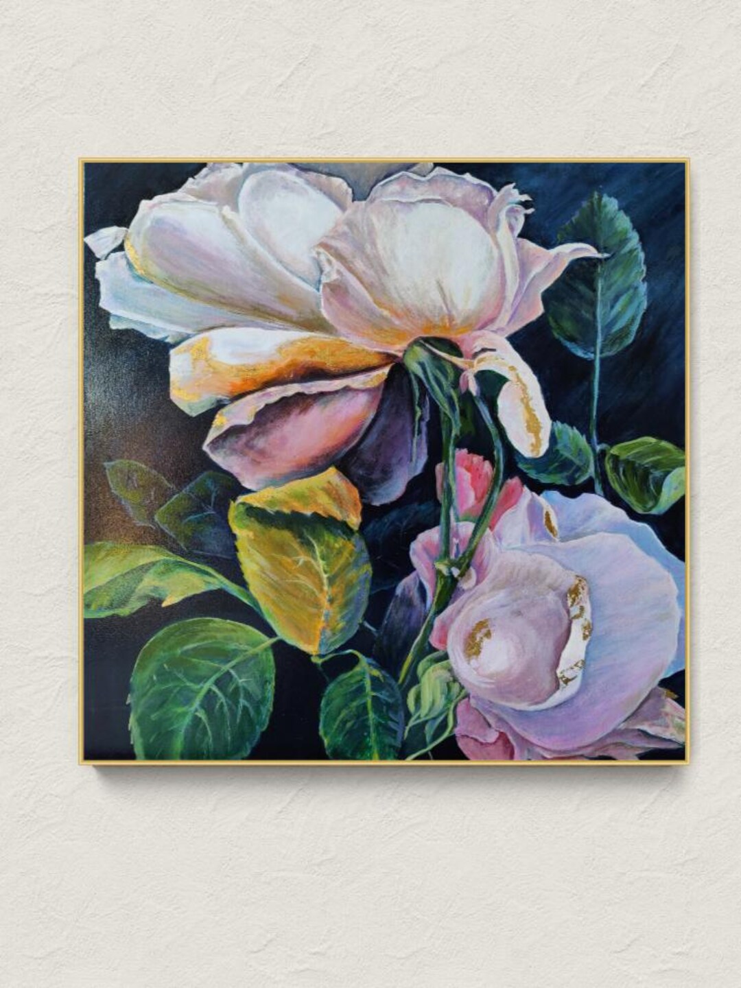 Pink and Navy Blue Floral Wall Art Original Roses Painting - Etsy