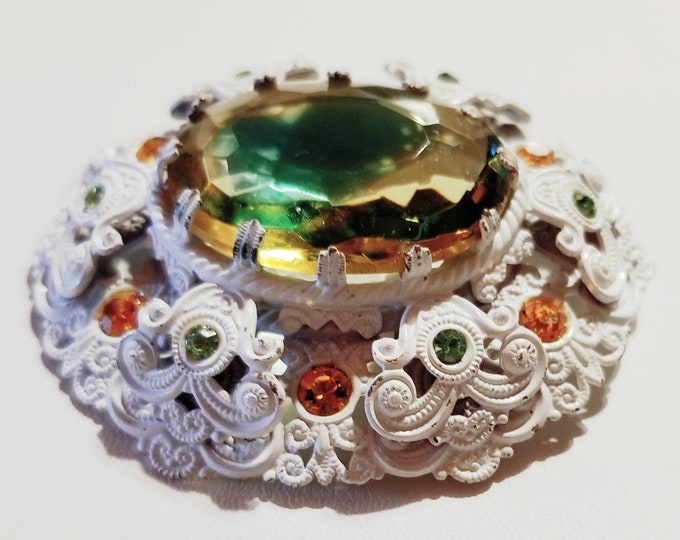 Vintage Signed W Germany Domed Brooch White Enamel With Topaz and ...