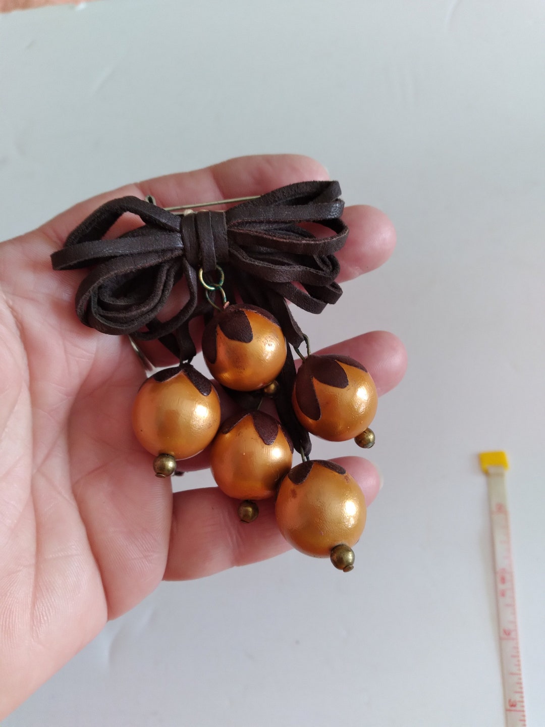 Leather and Golden Fake Pearls Brooch - Etsy