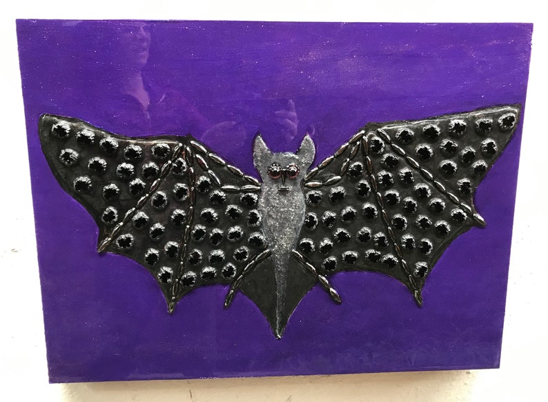 UNIQUE Handmade Vintage Glass & Painted Wood Mixed Media BAT MOSAIC ...