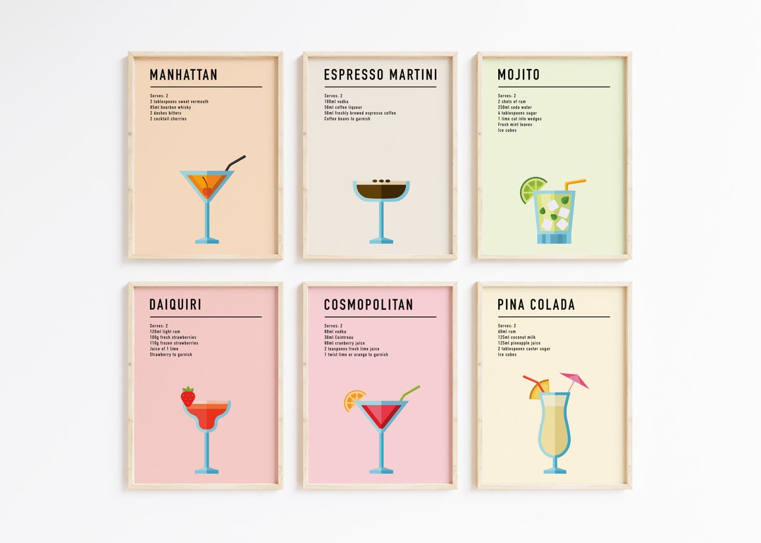 Classic Cocktails Art Print Set II - Cocktail Recipe Prints, Kitchen ...