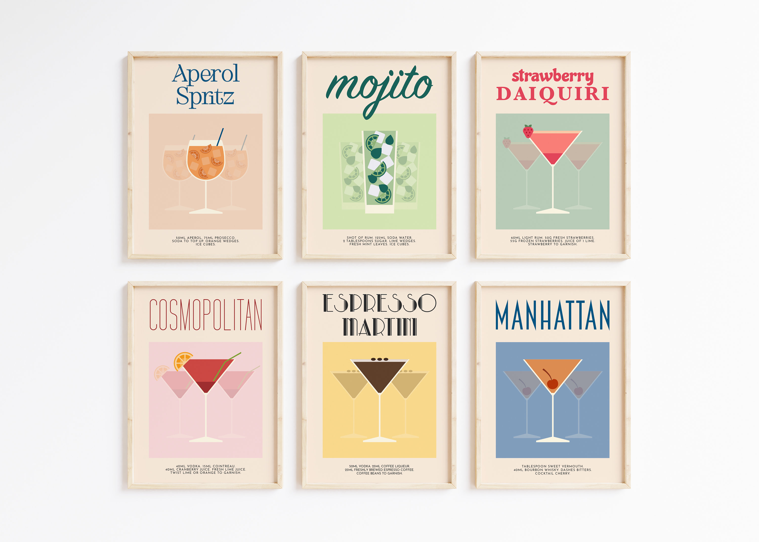 Retro Cocktail Print Set - Classic Vintage Bar Recipe Art, Retro Poster ...