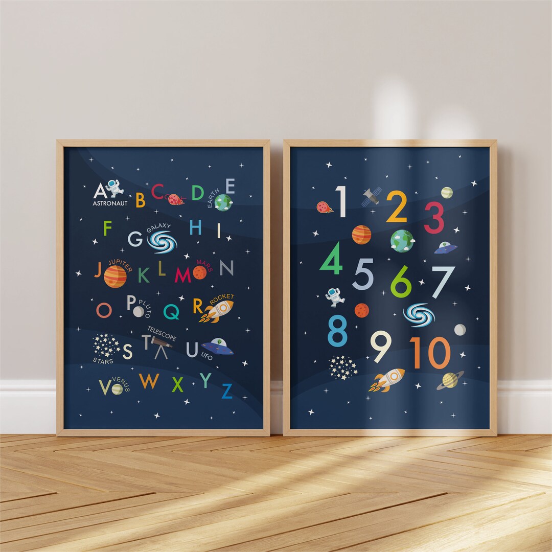 Outer Space Alphabet and Numbers Print – Set of 2, Nursery Wall Art ...