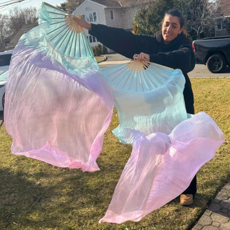 Pair of Belly Dance Costume Silk Fan Veils (free Case) - Etsy