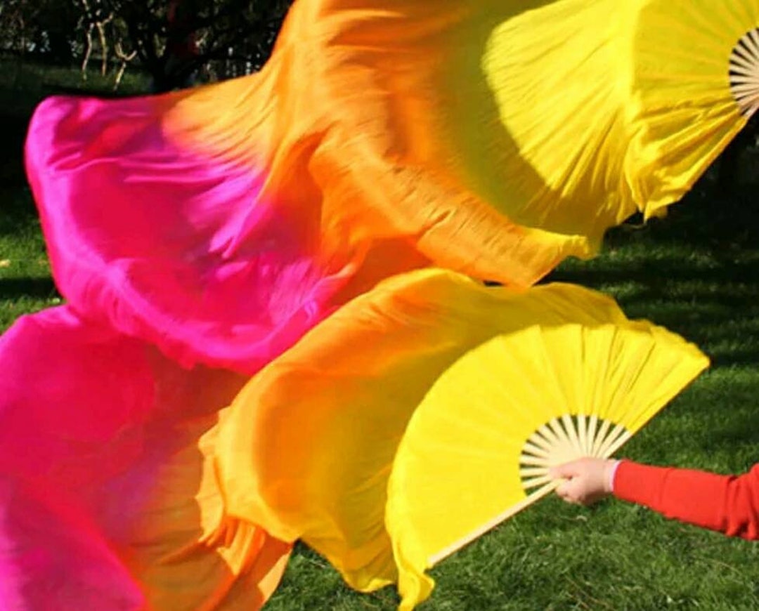 Pair of 100% Silk Bellydance Fan Veils FREE CASE Belly Dance Burlesque ...
