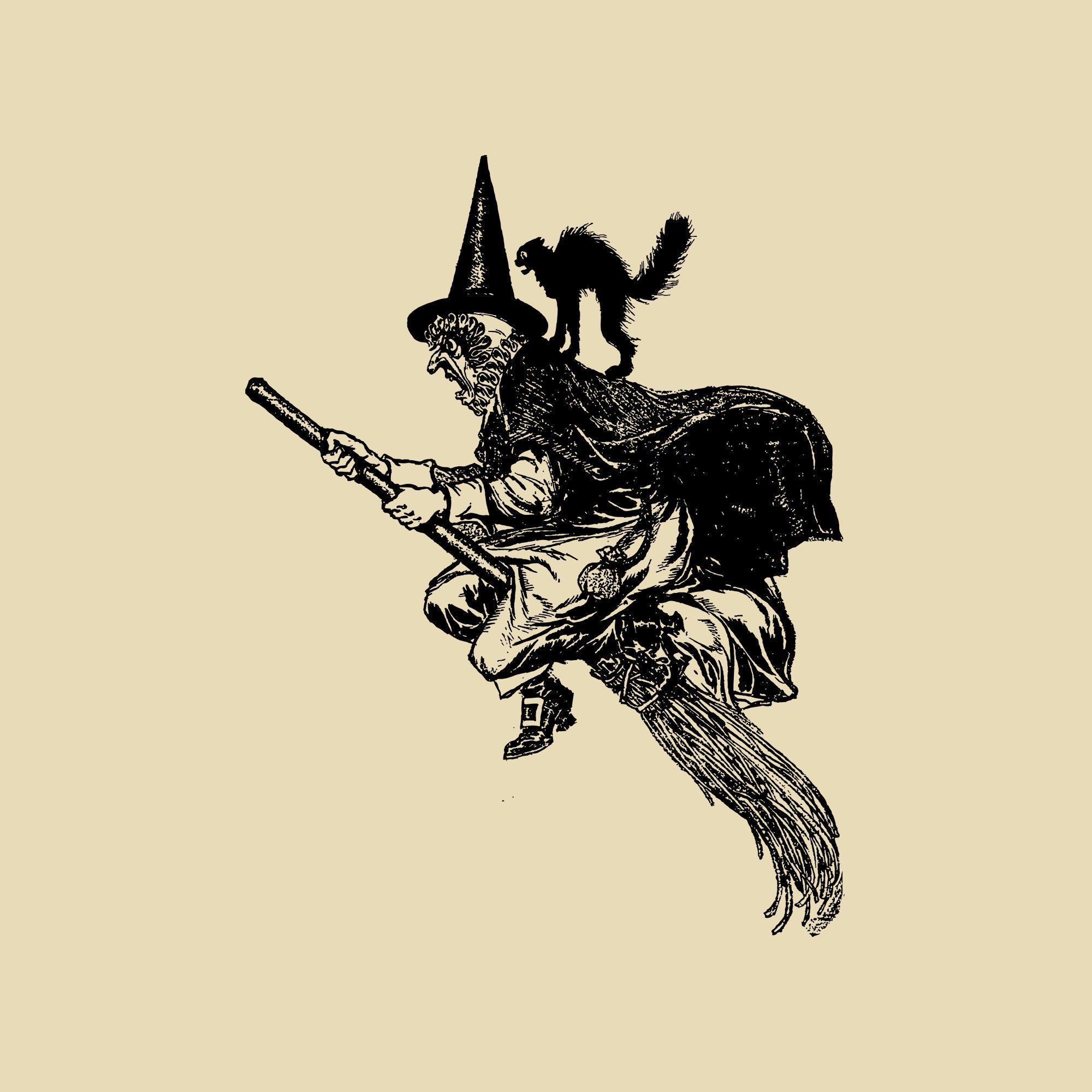 Vintage Edwardian Witch Vector Clipart | Scary Witch Flying on Broom ...