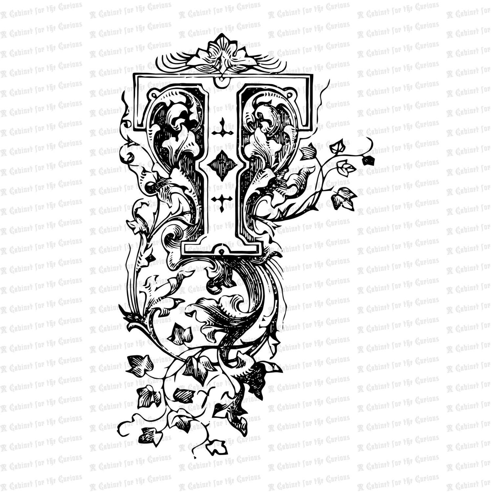 Ornamental Penwork Initial Letter T Vector Clipart | Vintage Victorian ...