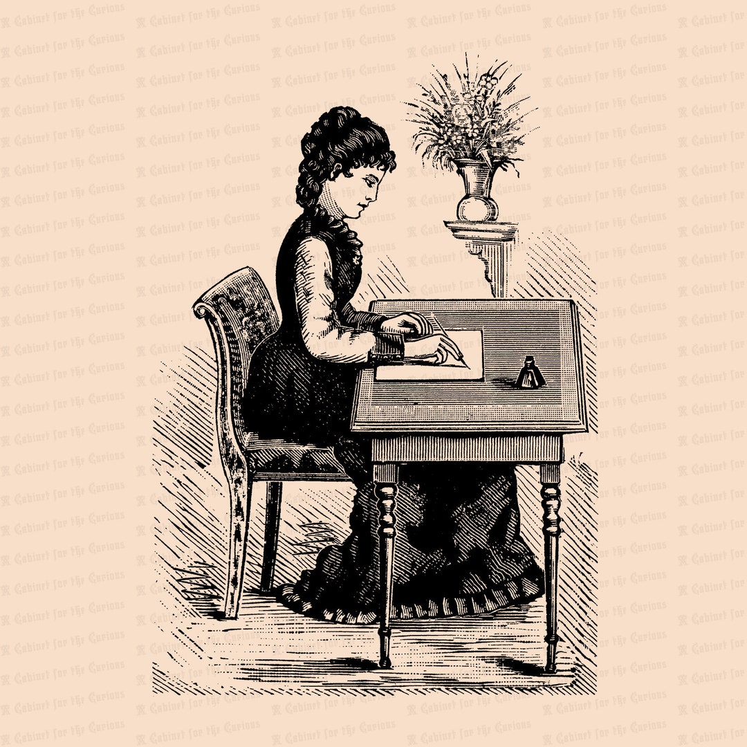 Digital Vintage Seated Victorian Woman Writing Letter at Desk | Vector ...
