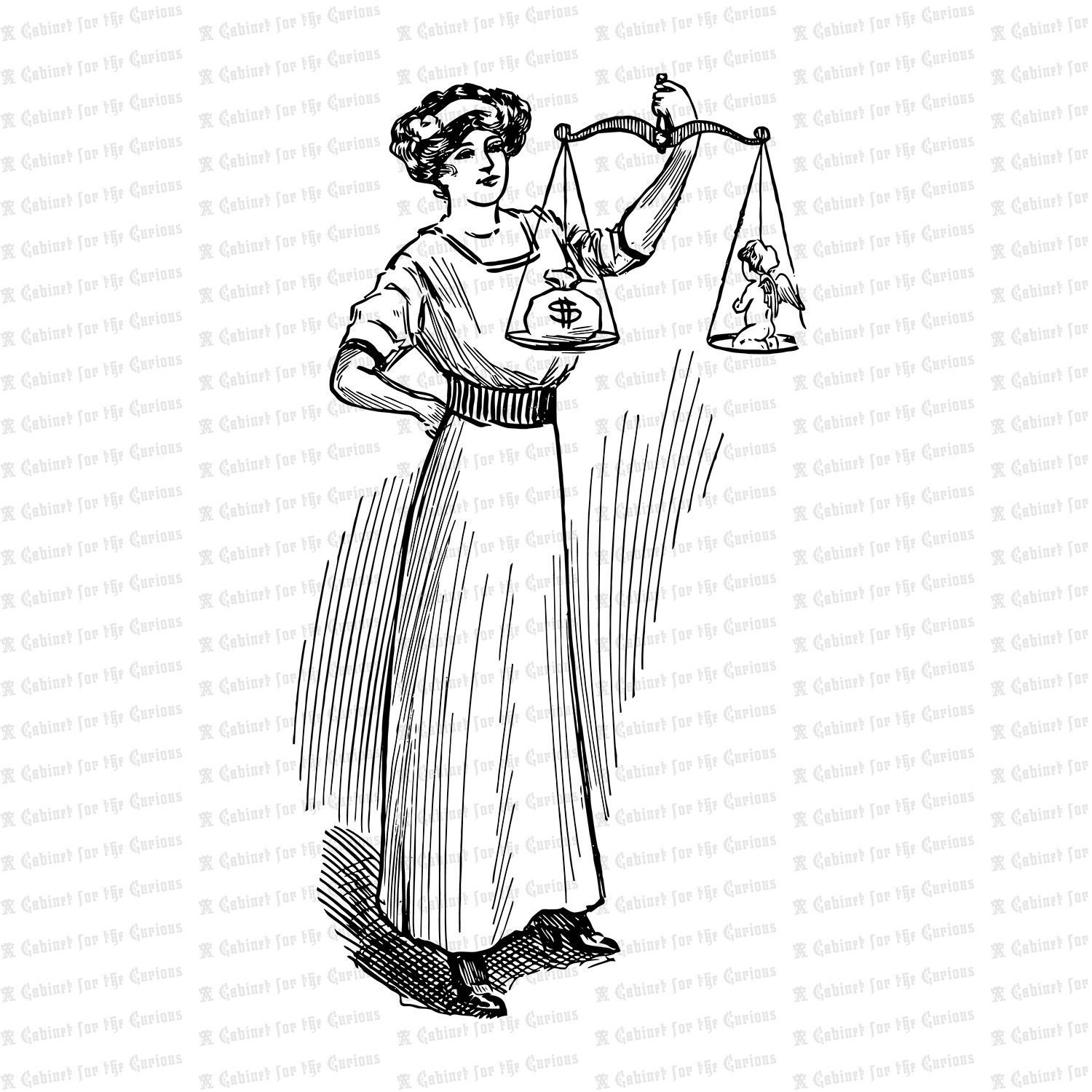 Vintage Victorian Lady Justice Weighing Money Versus Love Clipart ...
