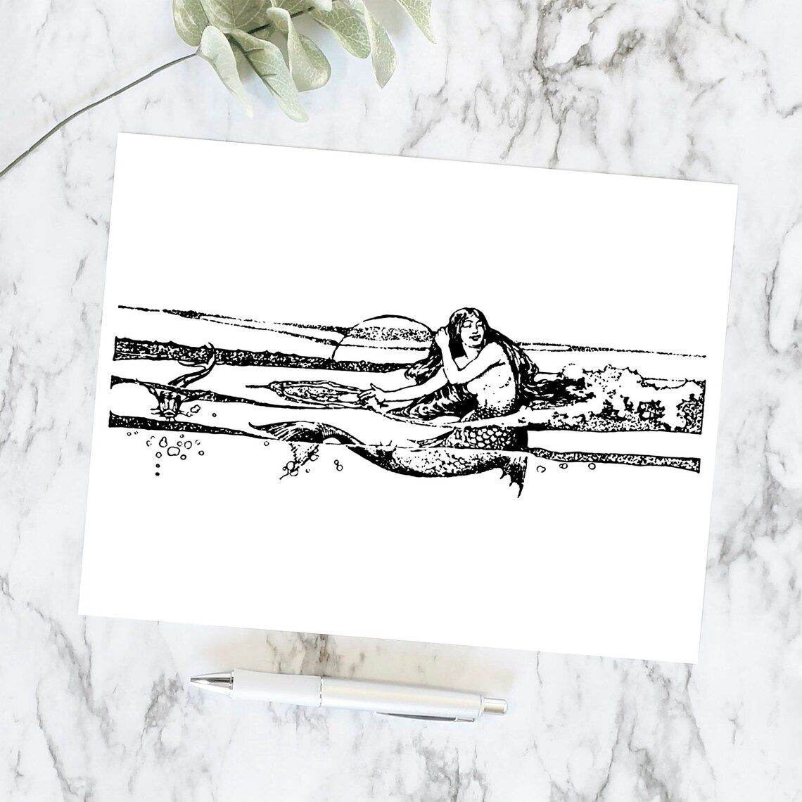 Vintage Edwardian Mermaid Swimming With Fish Vector Clipart 1900s ...