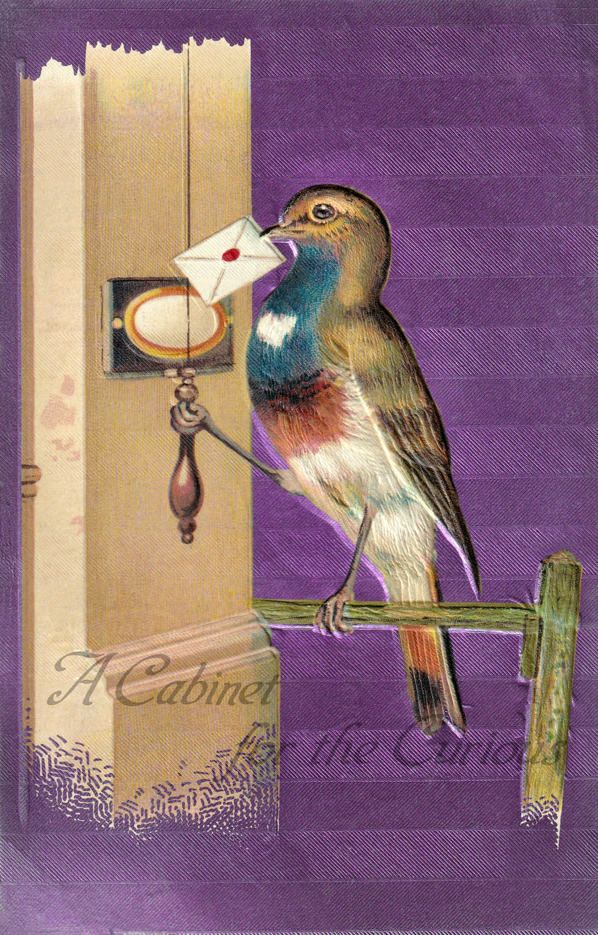 Antique Postcard DOWNLOAD | Bird With Envelope in Beak Ringing Doorbell ...