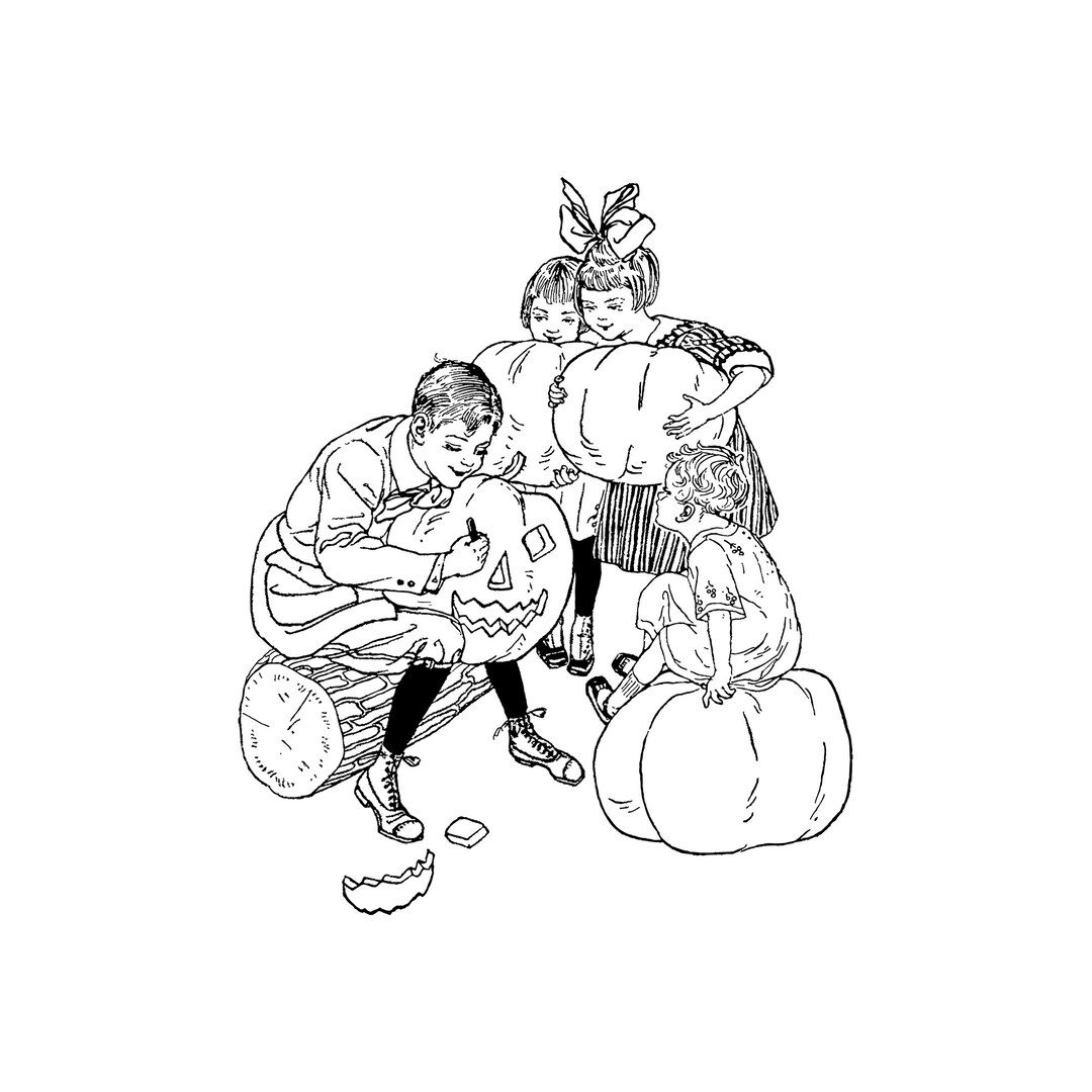 Digital Vintage 1910s Halloween Children Making Jackolantern Vector ...
