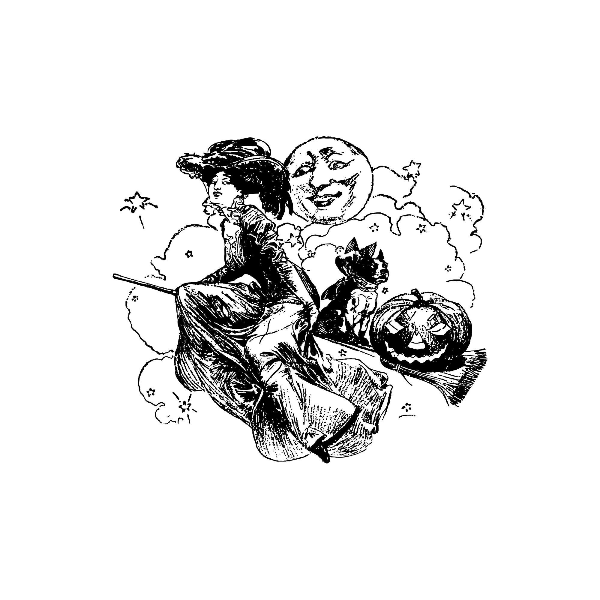 Vintage Edwardian 20th Century Witch Vector Clipart | Witch on Broom ...