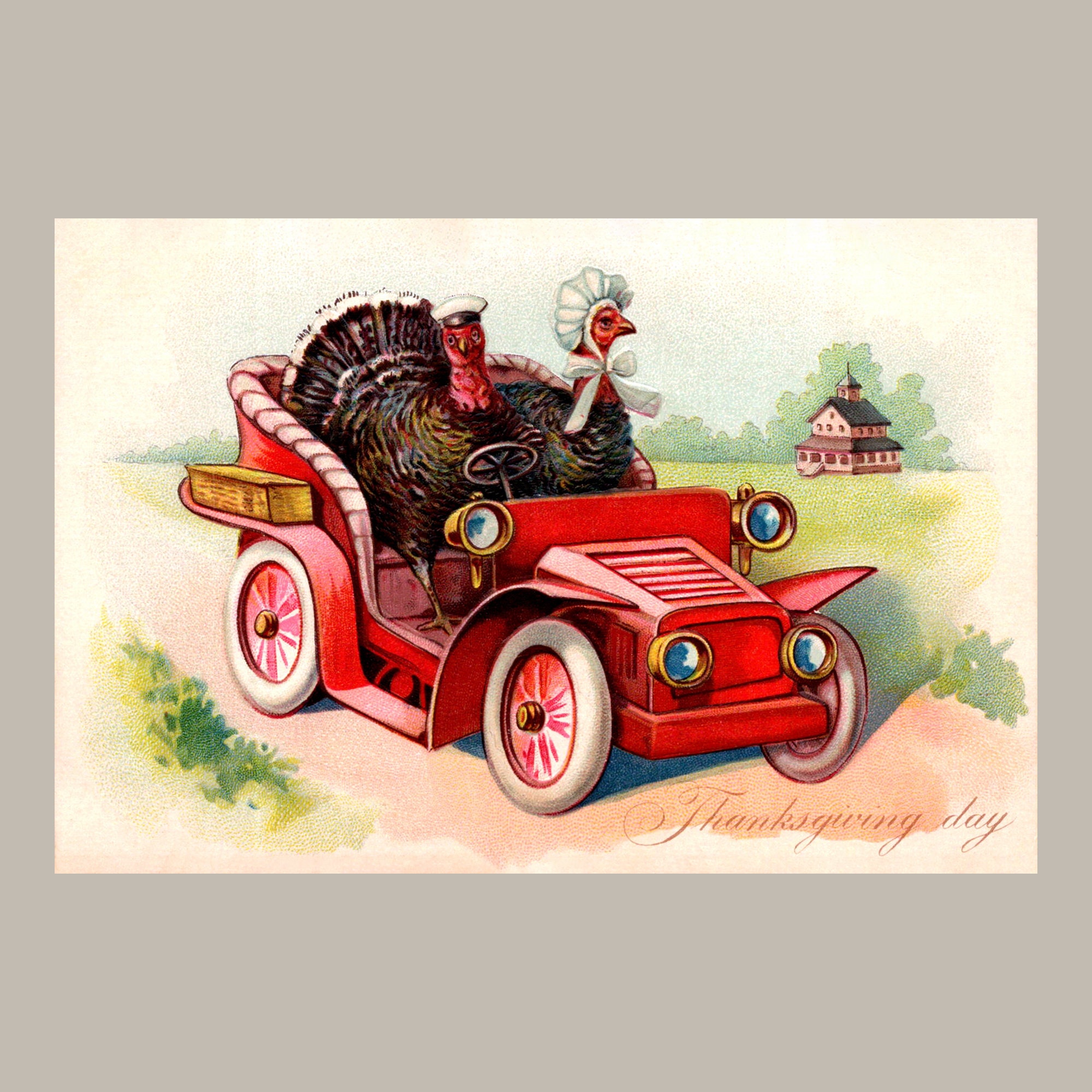 Printable Driving Turkeys Thanksgiving Flat Card: Victorian Era Old ...