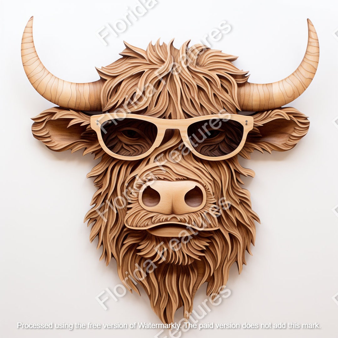 Wood Scottish Bull, Fancy Highland Cow Sunglasses, Laser Etch Burn Wood ...