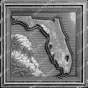 Florida 3D Map Picture Wood Framed State USA | 3D Illusion | Laser Etch ...