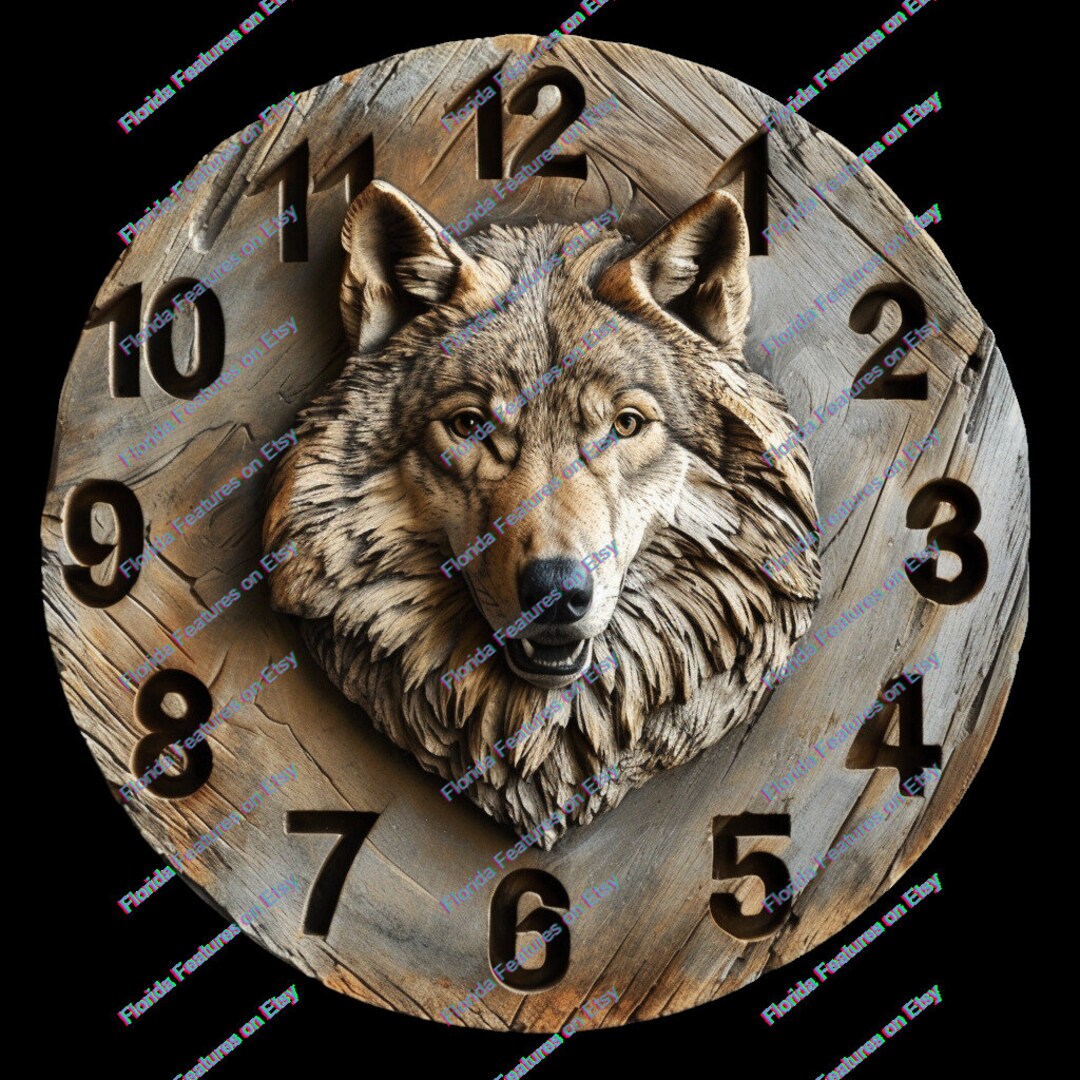 Wood Wall Clock | Detailed Wolf Clock | 3D Illusion | Laser Burn PNG ...