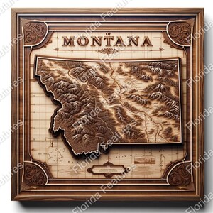 Montana 3D Map Picture Wood Framed State USA | 3D Illusion | Laser Etch ...