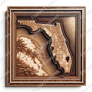 Florida 3D Map Picture Wood Framed State USA | 3D Illusion | Laser Etch ...