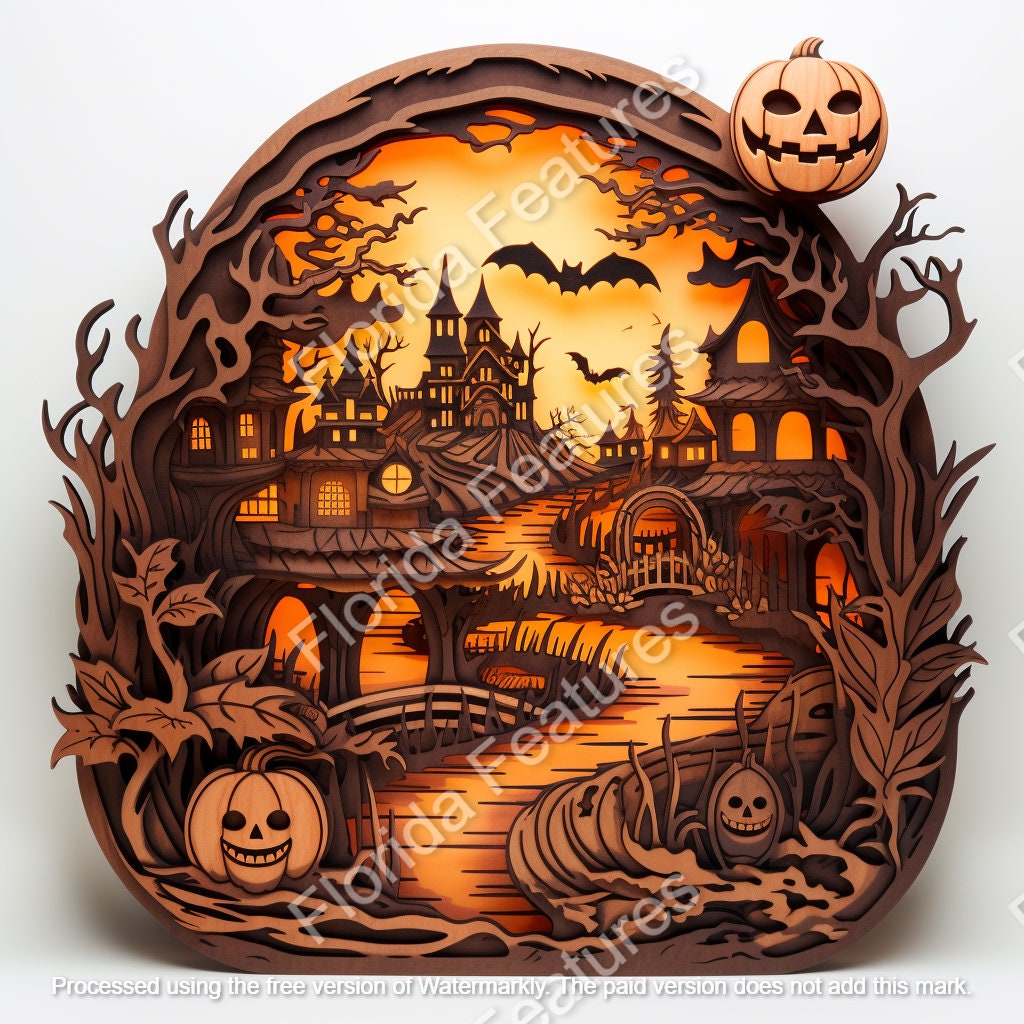 3D Halloween Haunted House Laser Cut File: Spooky Pumpkin, Carved Wood ...