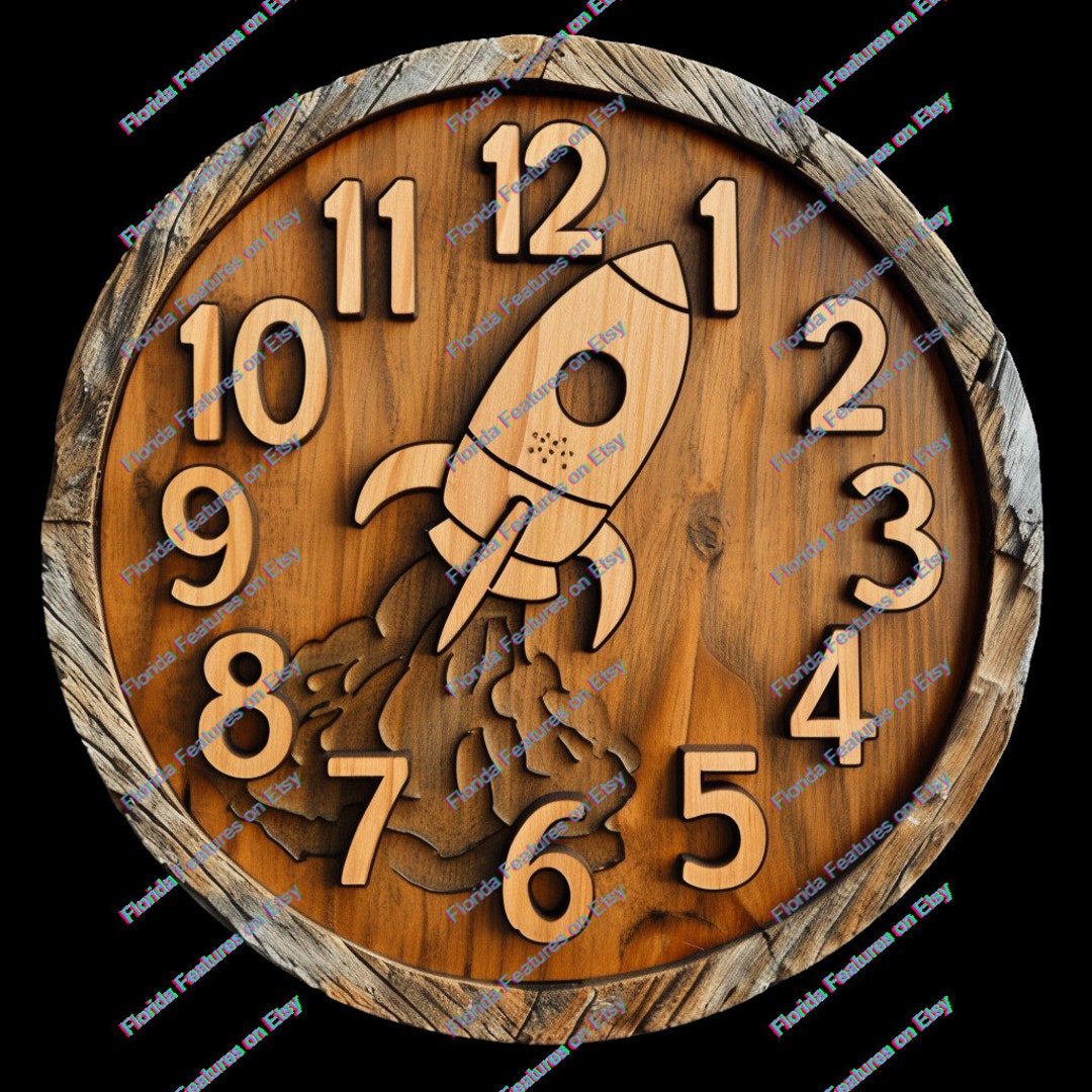 Rocket Ship Wood Wall Clock: 3D Illusion Laser Cut File (PNG, SVG, PDF ...