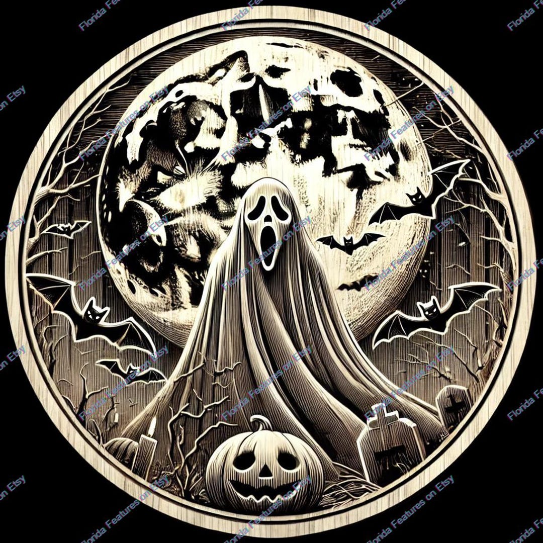 Haunted Halloween Ghost Pumpkin Wood Panel | 3D Illusion | Laser Etch ...