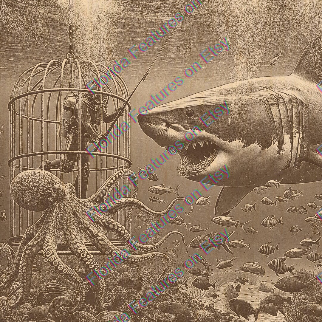 Scuba Diver Shark Octopus | 3D Laser | 3D Illusion PNG Digital File ...