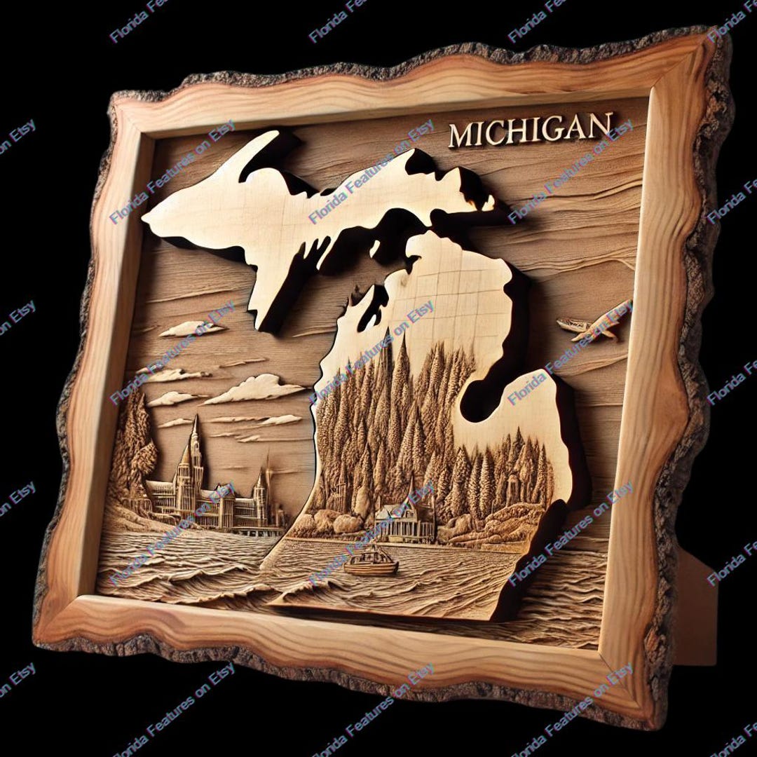3D Illusion Laser Engraved Michigan Map: Wood Frame (PNG, SVG Digital ...