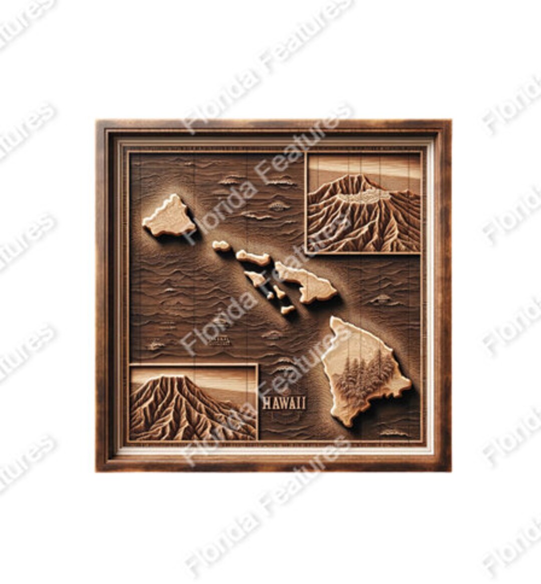 Hawaii 3D Map Picture Wood Framed State USA | 3D Illusion | Laser Etch ...