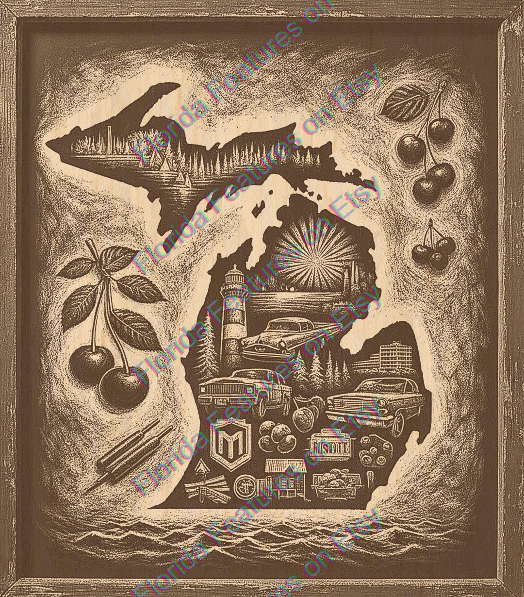 Michigan Framed Art Motor City | 3D Laser | 3D Illusion PNG Digital ...