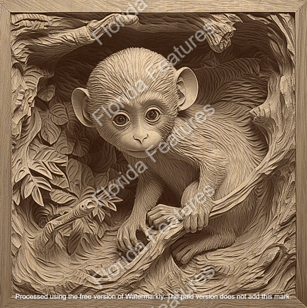 3D Illusion Baby Monkey Wood Art: Laser Etch Files (PNG, SVG) - Etsy