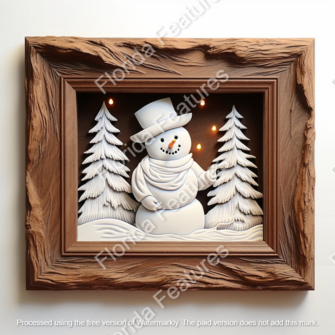 3D Snowman & Trees Carved Wood Look Image (PNG SVG) - Etsy