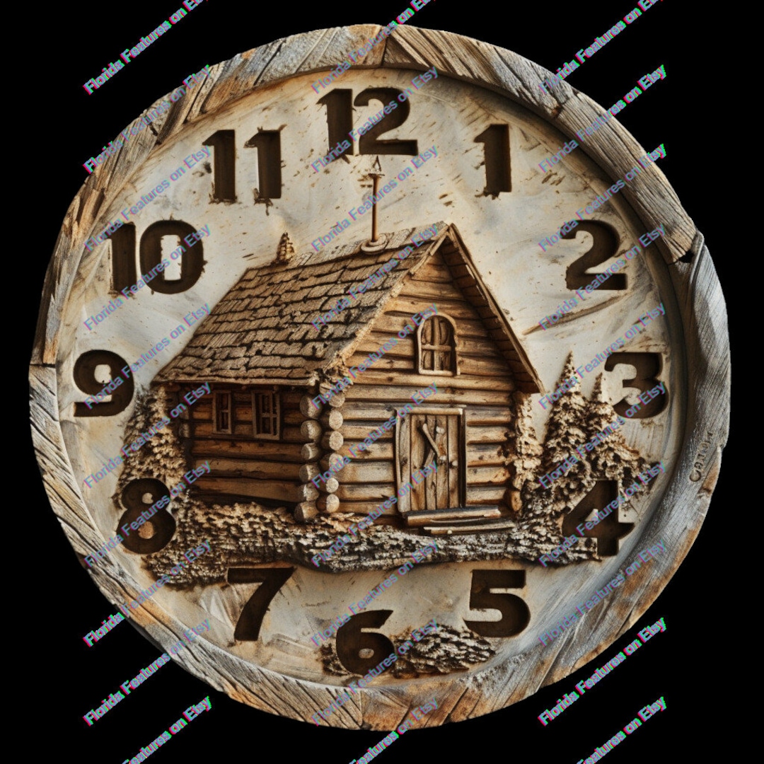 Wood Wall Clock | Old Log Cabin Clock | 3D Illusion | Laser Burn PNG ...