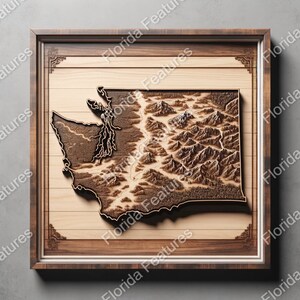 Washington 3D Map Picture Wood Framed State USA | 3D Illusion | Laser ...