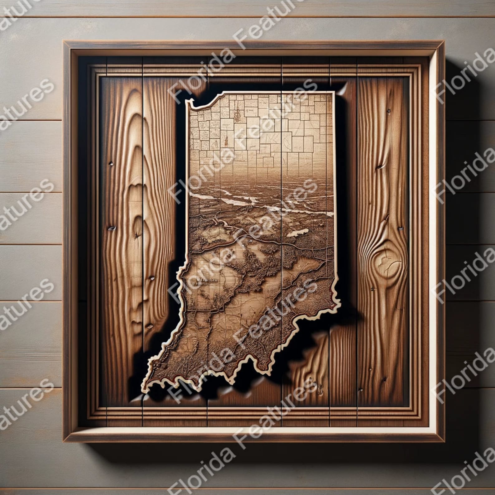 Indiana 3D Map Picture Wood Framed State USA | 3D Illusion | Laser Etch ...