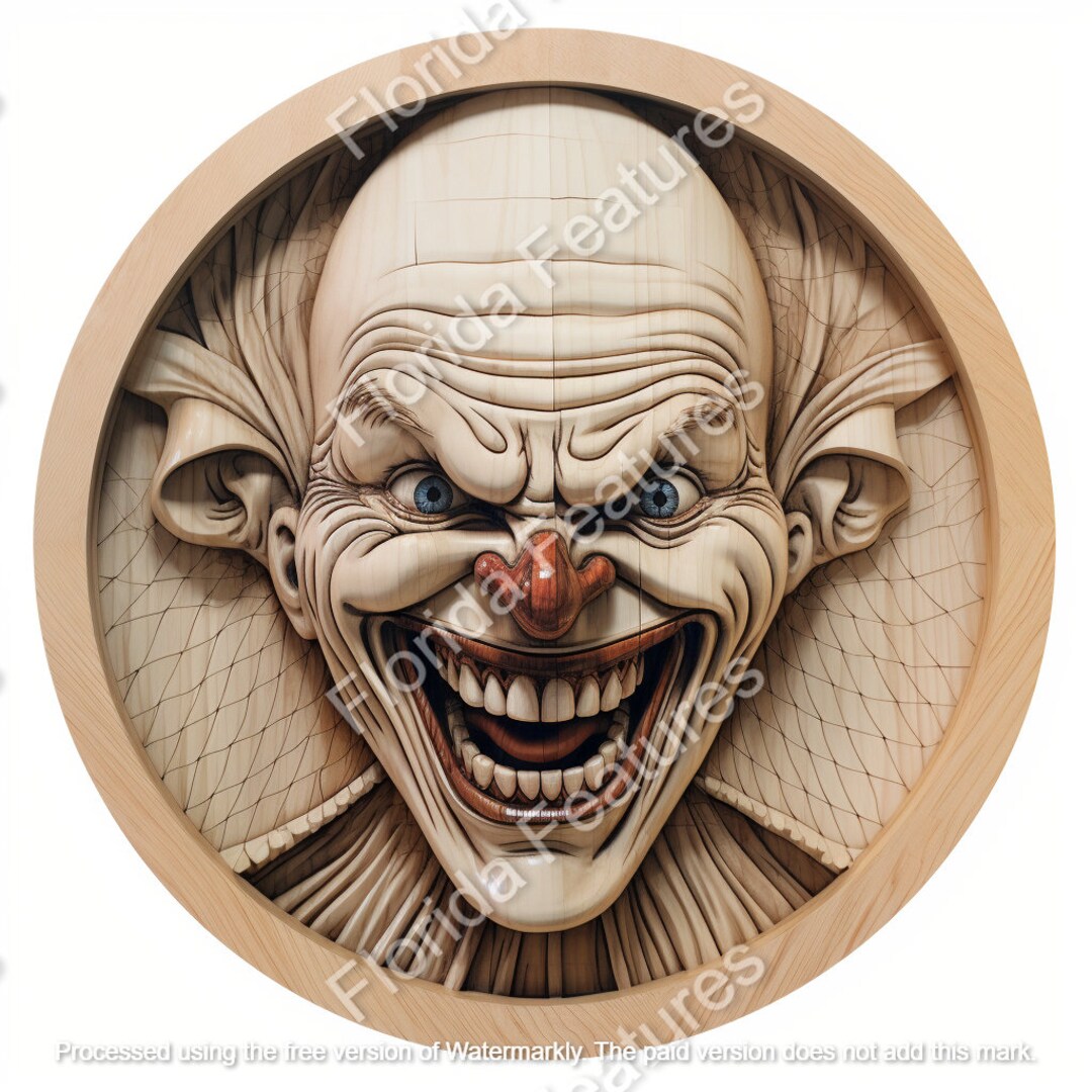Carved Look Etched, Laser Burn, Crazy Clown, Etch Wood File, Round Cut ...