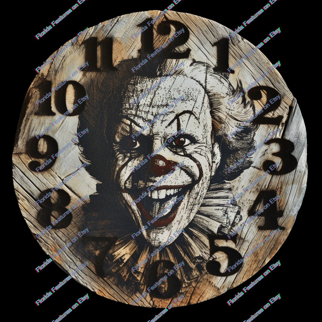 Wood Wall Clock | Halloween Clown Clock | 3D Illusion | Laser Burn PNG ...
