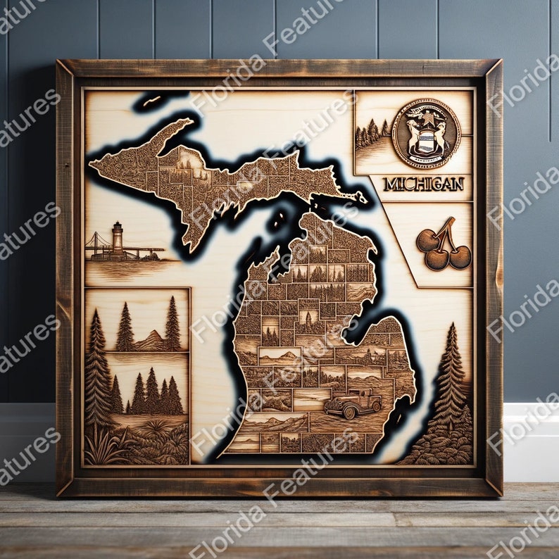 Michigan 3D Map: Wood Framed Laser Etched State Art (SVG, PNG) - Etsy
