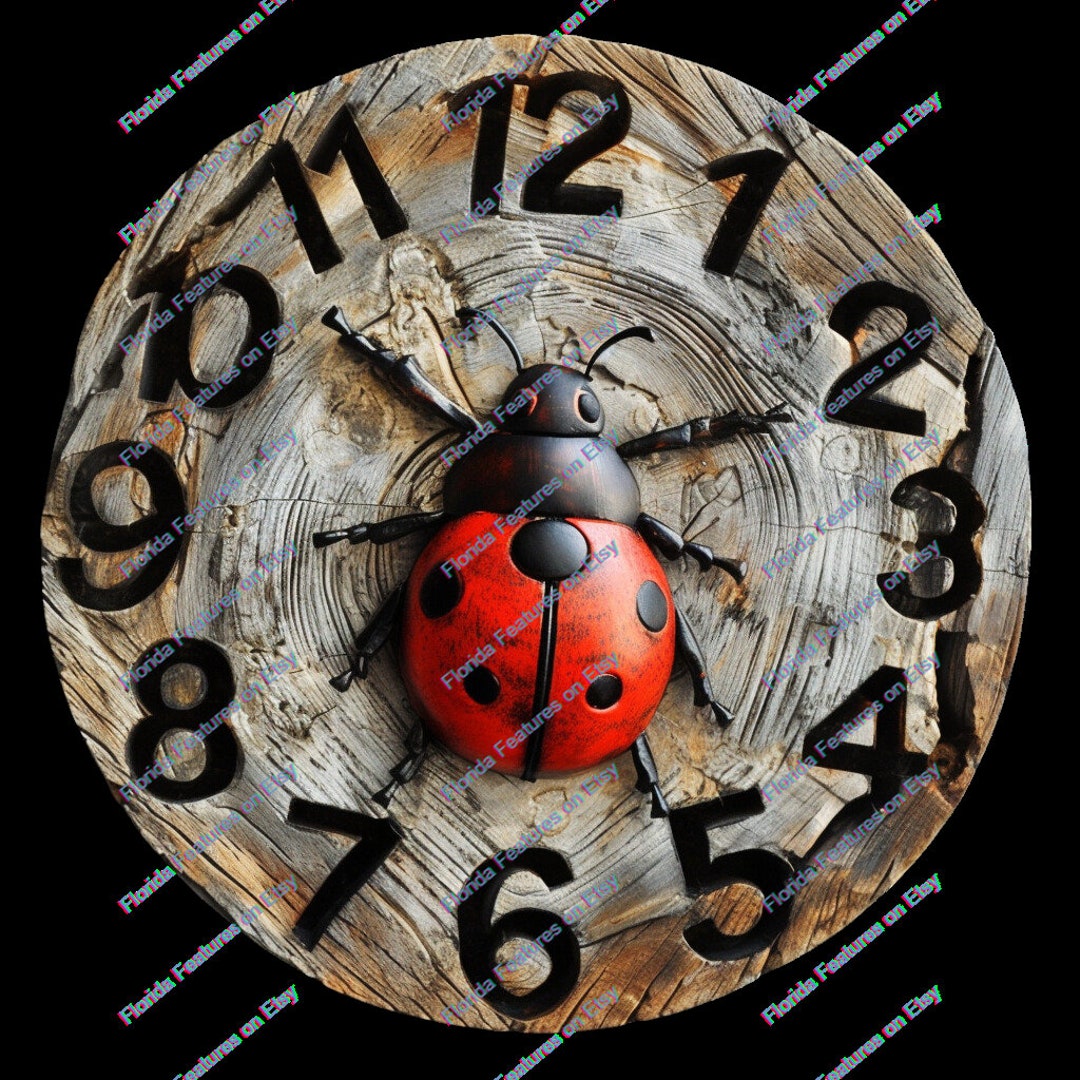 Wood Wall Clock | Cute Lady Bug Clock | 3D Illusion | Laser Burn PNG ...
