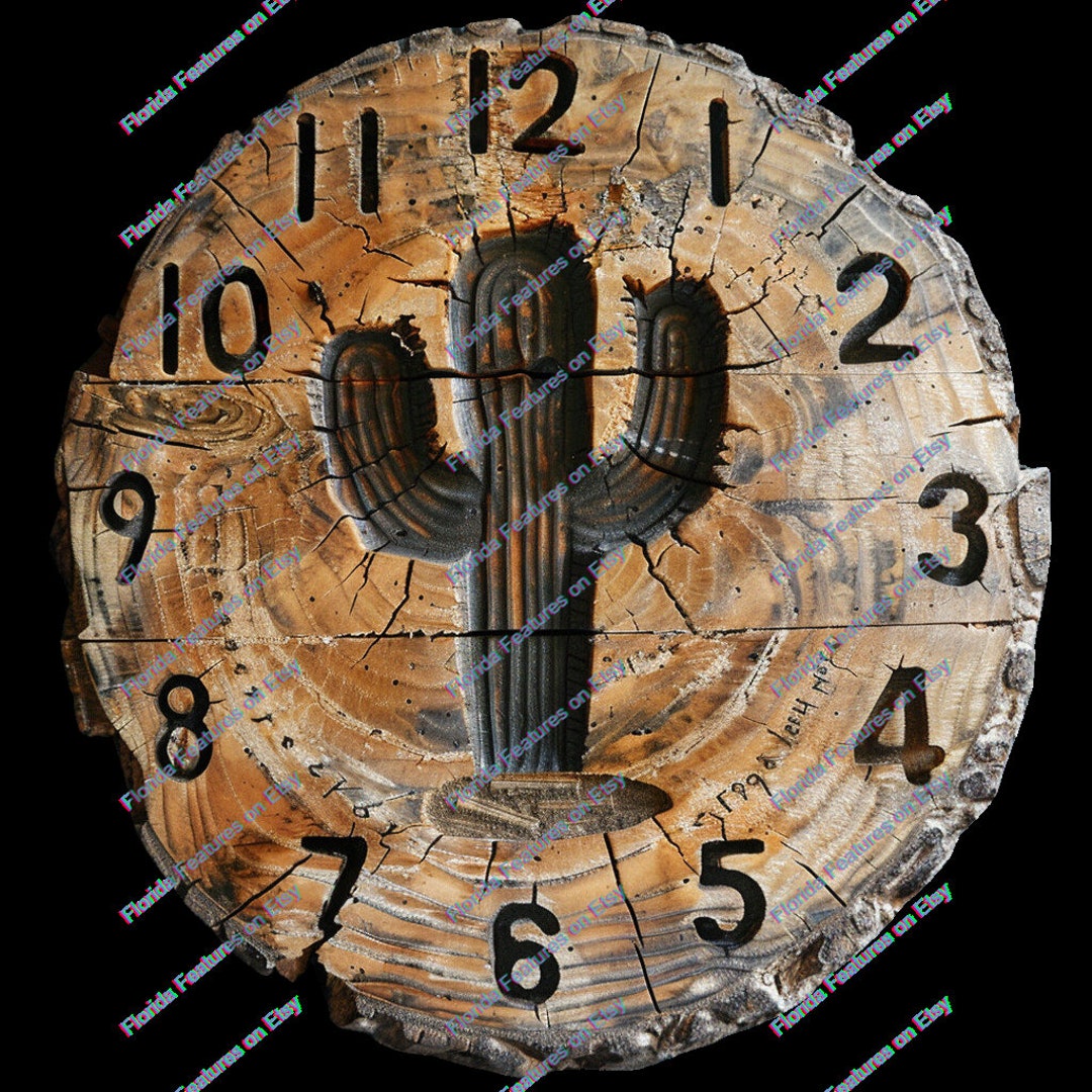 Wood Wall Clock | Wood Cactus Clock | 3D Illusion | Laser Burn PNG ...
