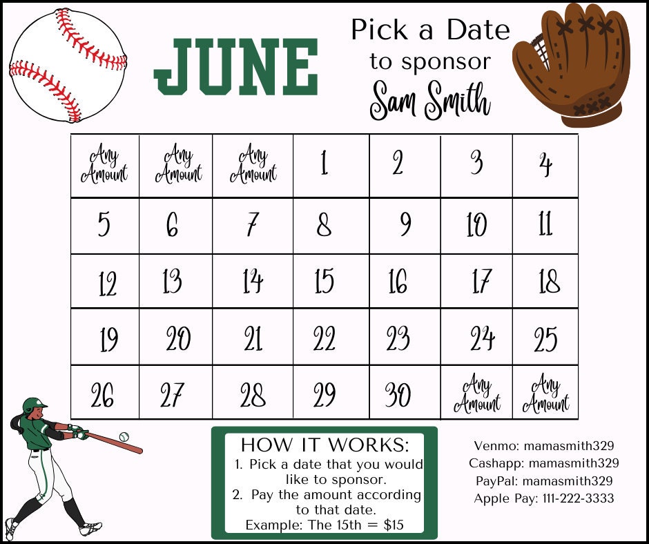 BASEBALL Calendar Fundraiser Template - Etsy